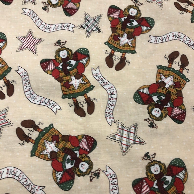 Happy Holidays Primitive Patchwork Angels Stars Banners Beige ...