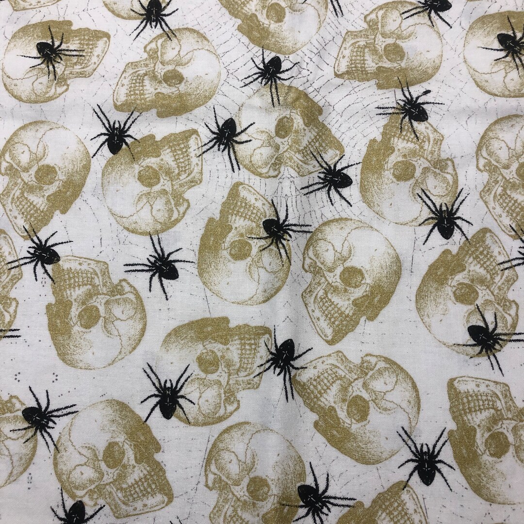 Gold Metallic Skulls and Black Spiders Halloween Cotton Fabric by the ...