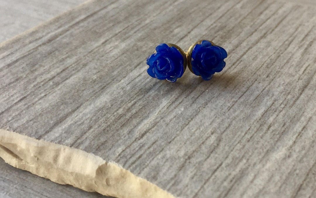 Navy Blue Rose Stud Earrings: Bronze Flower Girl Jewelry - Etsy