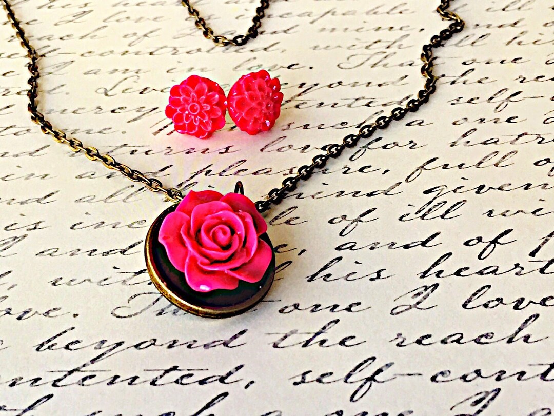 Red Rose Pendant Gift Set Red Rose Jewely Set Red Mum Studs, Red Rose ...