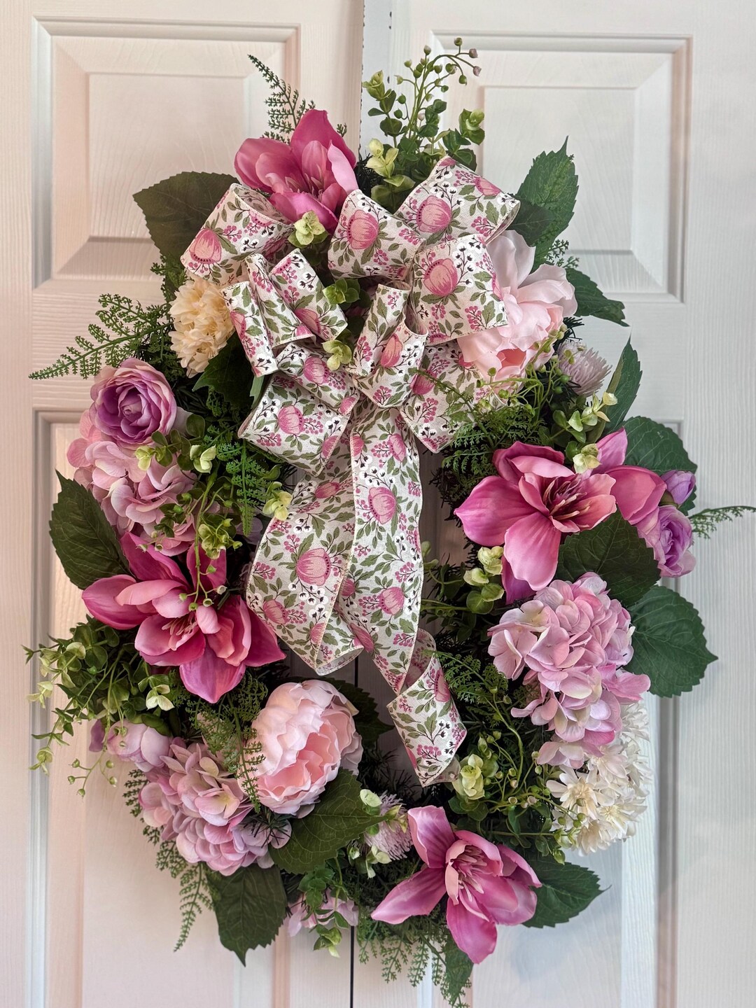 Pink Spring Summer Wreath for Front Door, Oval Floral Grapevine ...