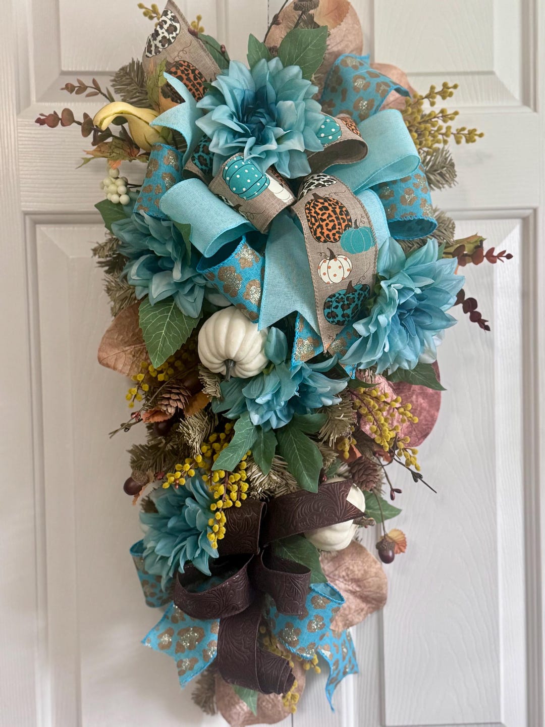 Fall Swag for Front Door, Teal Turquoise Fall Swag, Pumpkins Decor Swag ...