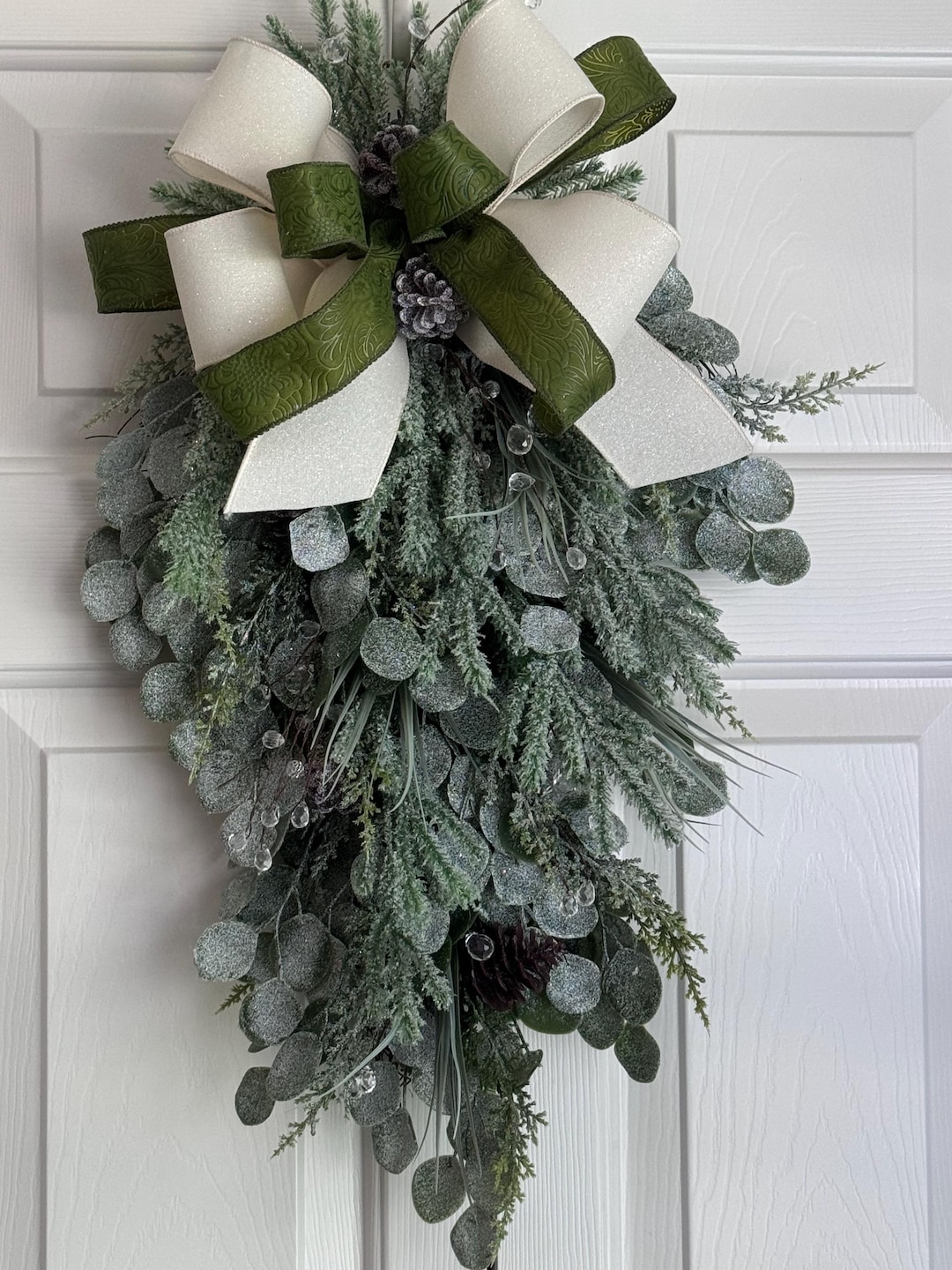 Eucalyptus Winter Swag for Front Door, Christmas Swag Green and Ivory ...