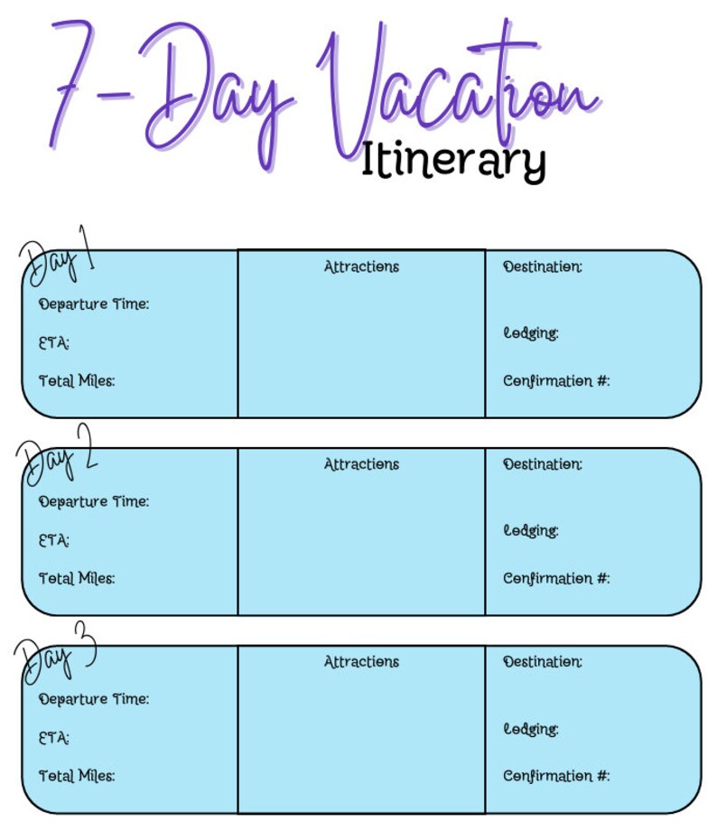 7 Day Vacation Planner - Etsy