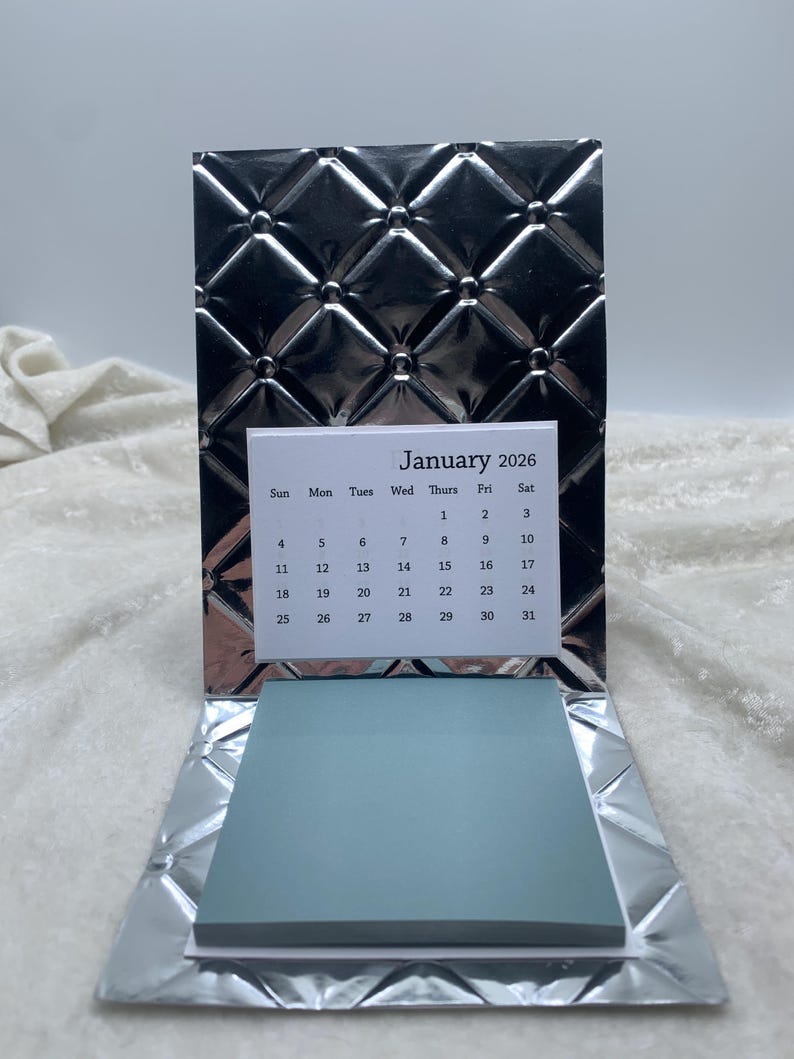 2026 Calendar, Desk Style, Embossed Quilted Metallic Silver Theme ...