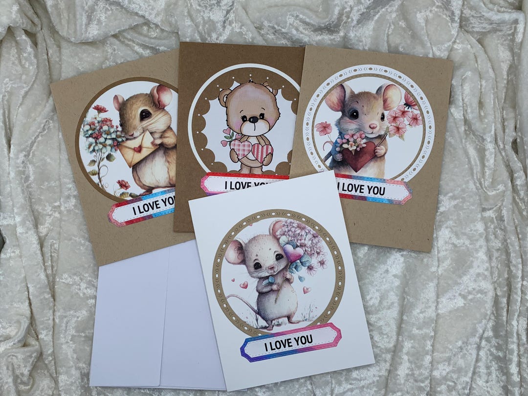 I Love You Mouse Themed Greeting Cards - Set of 4, Handmade - Etsy