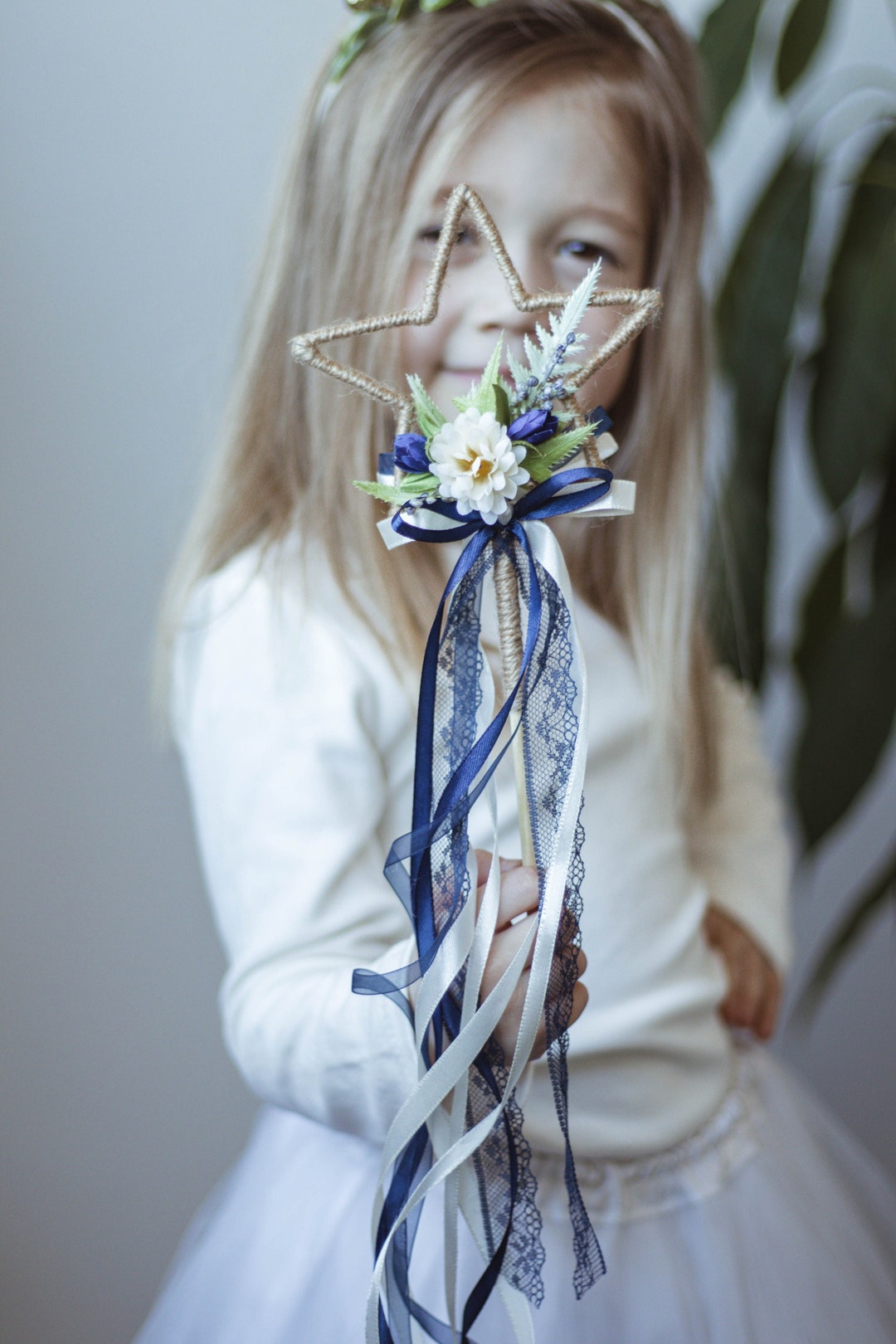 Navy Blue Flower Girl Wand: Dried Flowers & Ribbon Fairy Wand - Etsy