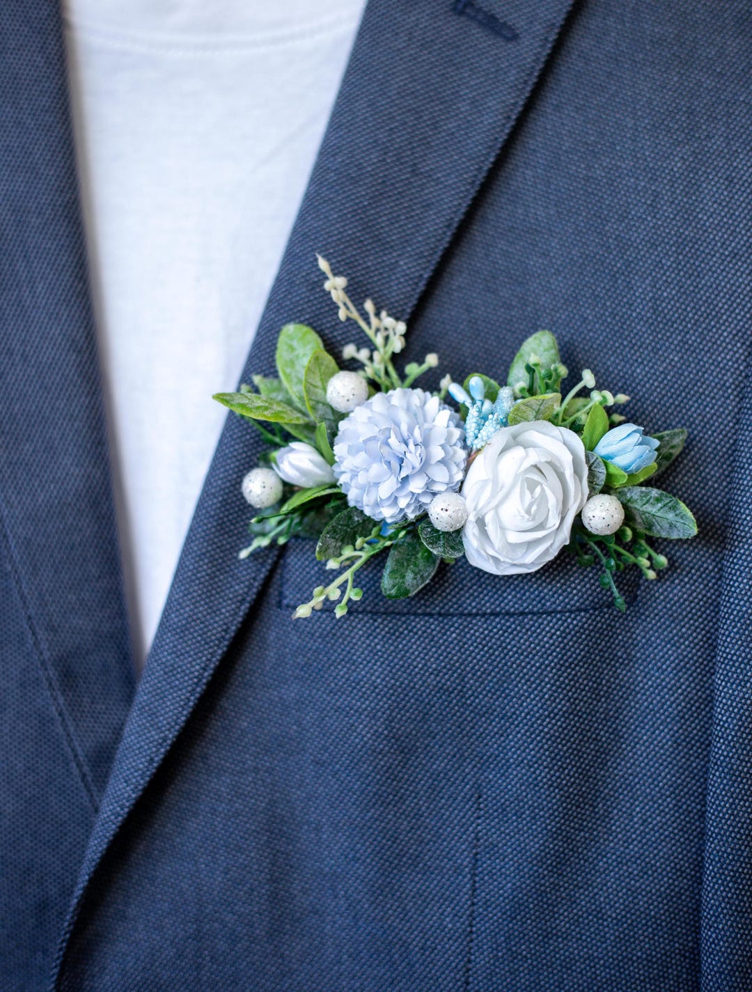 Pocket Boutonnière White Dusty Blue Sage Green Boho Rustic Buttonholes ...