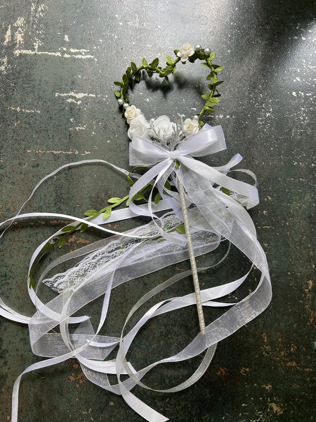 Flower Girl Wand: White Floral Heart, Silver Ribbon Fairy Princess Wand ...