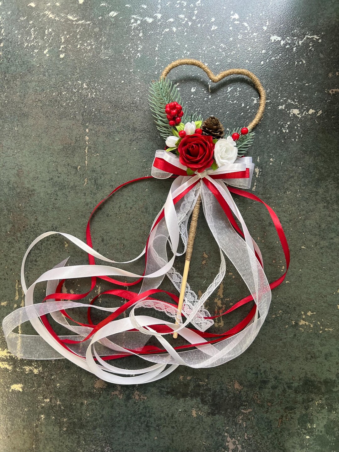 Winter Wedding Flower Girl Wand: Pine Cone, Red & White Floral ...