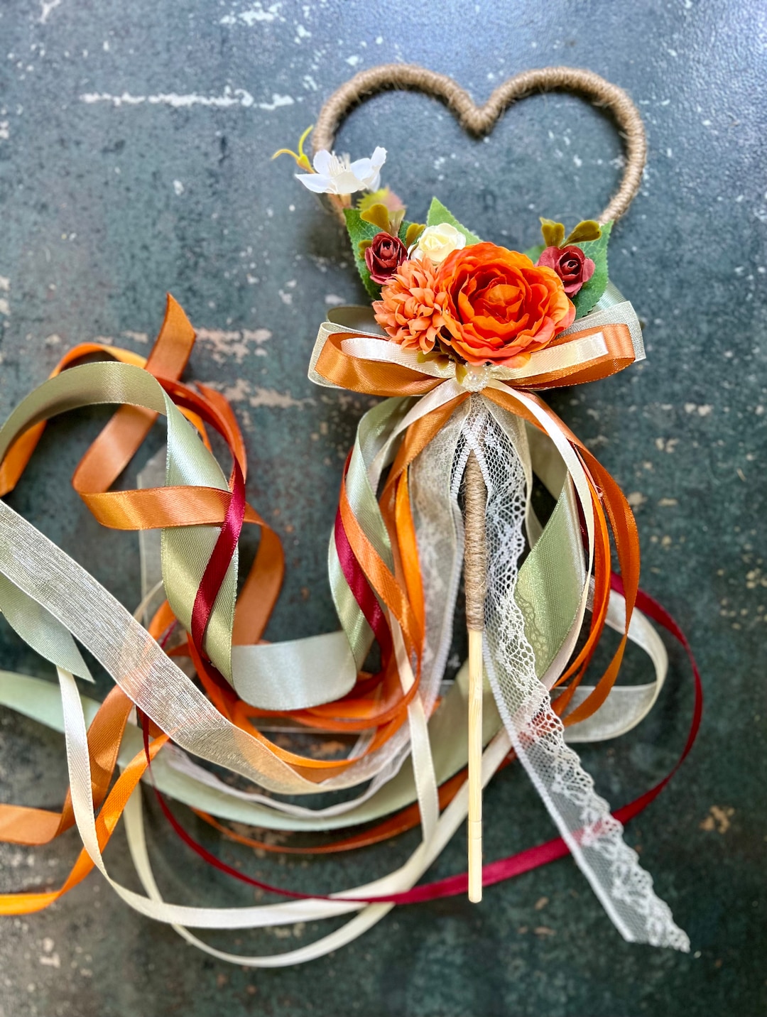 Autumn Flower Girl Wand: Heart, Ribbon, Burgundy Wedding Accessory - Etsy