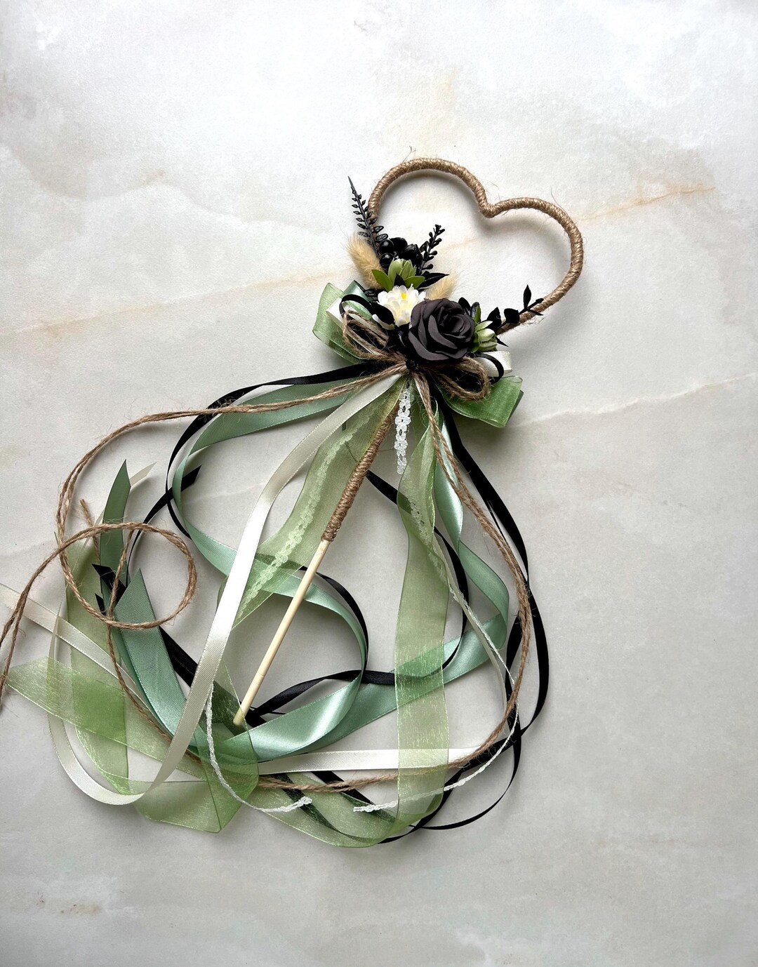 Autumn Flower Girl Wand: Sage Green, Black, and Rust Ribbon - Etsy