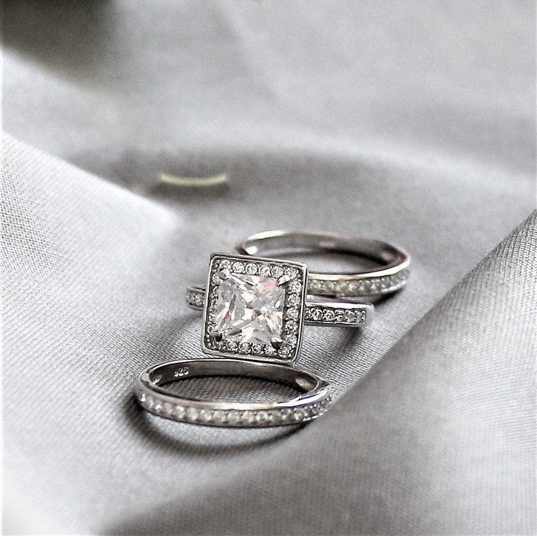 Princess Engagement Ring Set, Cushion Cut Halo Ring, Simulated Diamond ...
