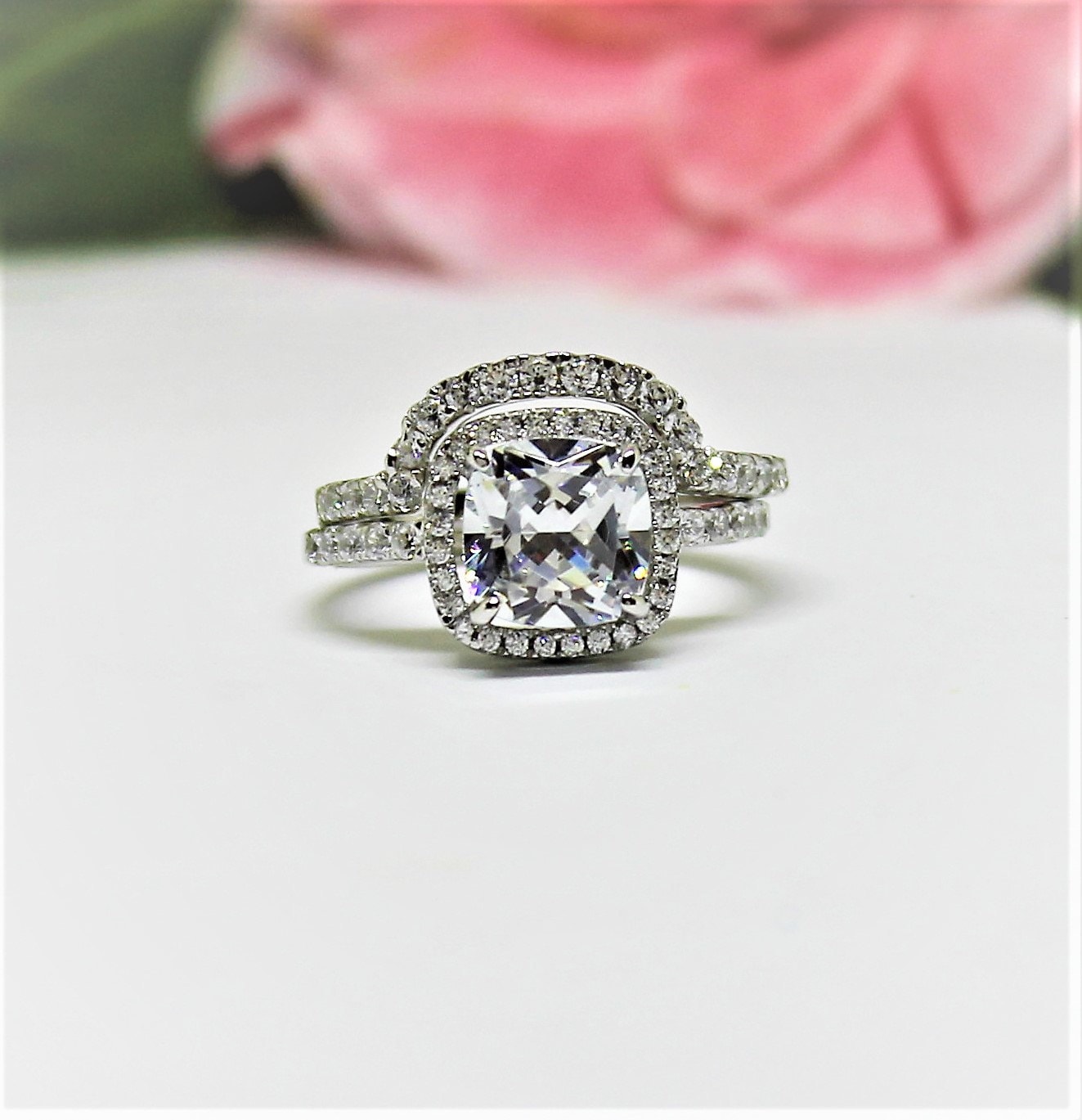 Engagement Ring Wedding Set Cushion Cut Halo Bridal Ring | Etsy