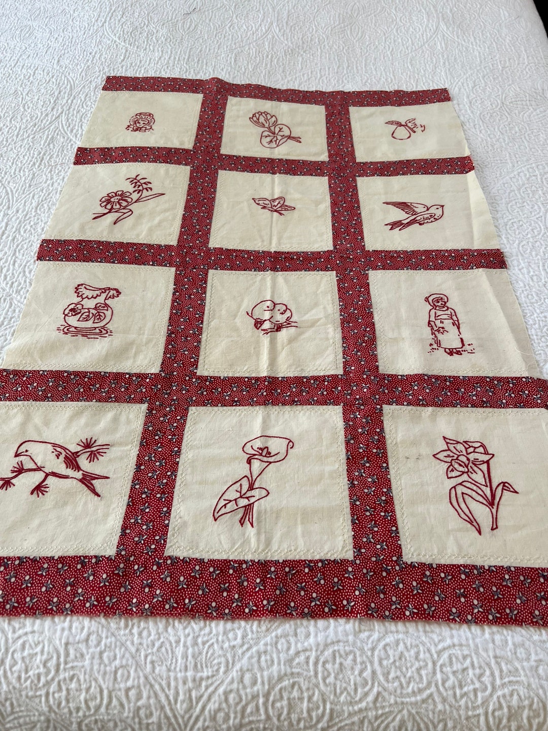 Vintage Embroidered Blocks Red and Ivory. Animals, Flowers, Etc. Cute ...