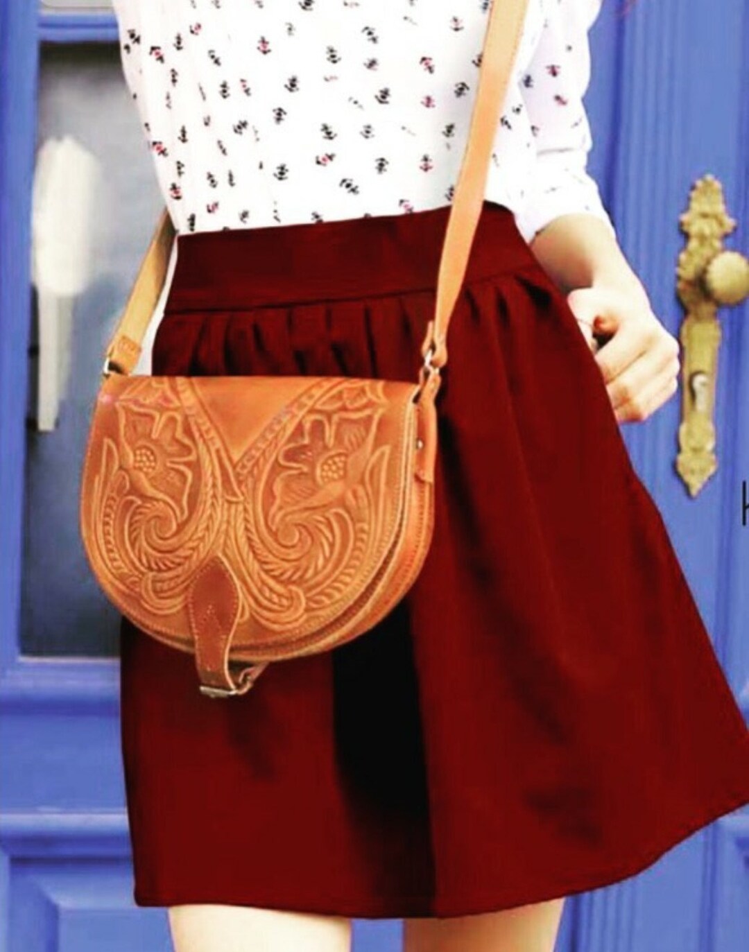 Embossed Leather Shoulder Bag Handmade Floral Pyrography Design Natural ...