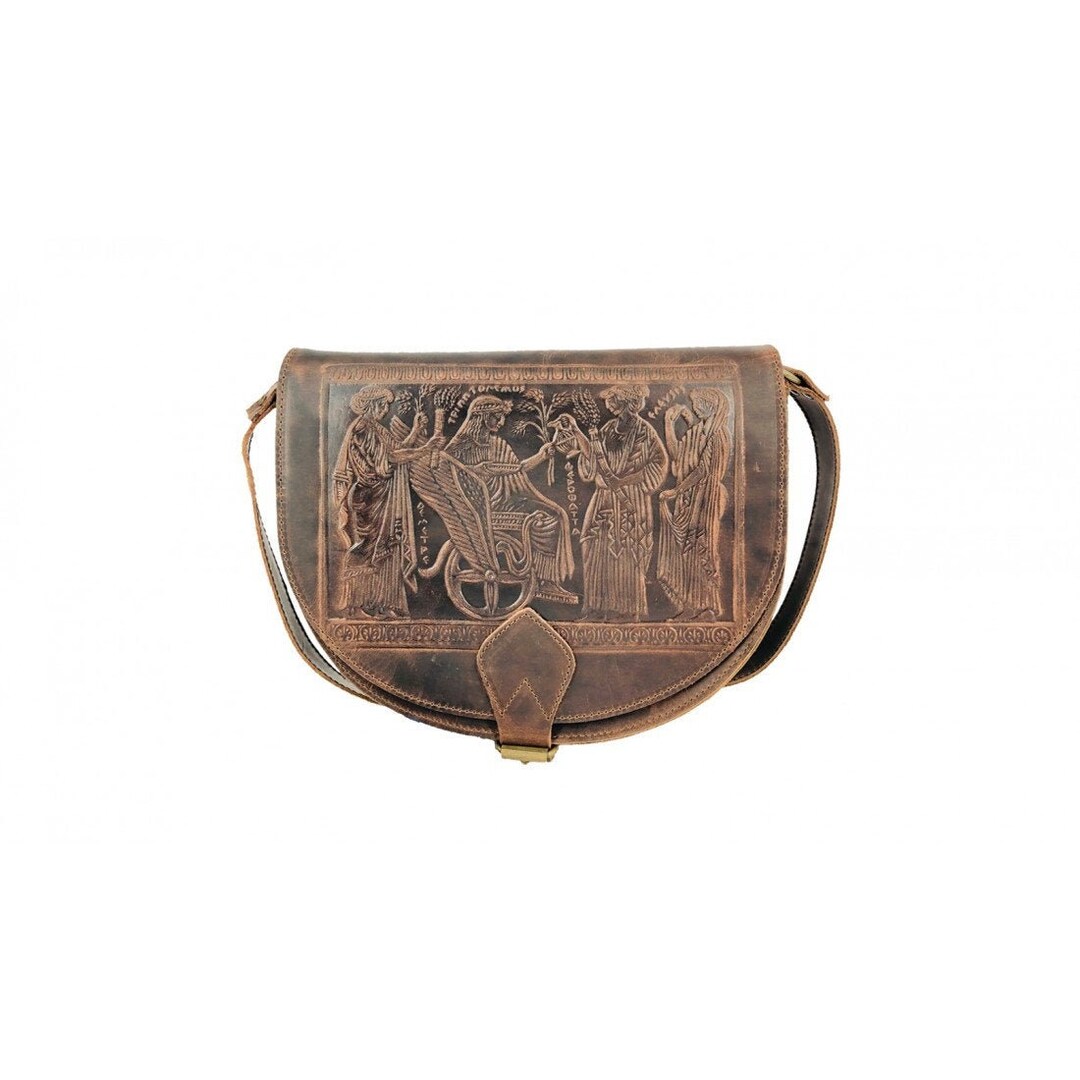 Embossed Leather Shoulder Bag Handmade Pyrography Design Ancient Greek ...