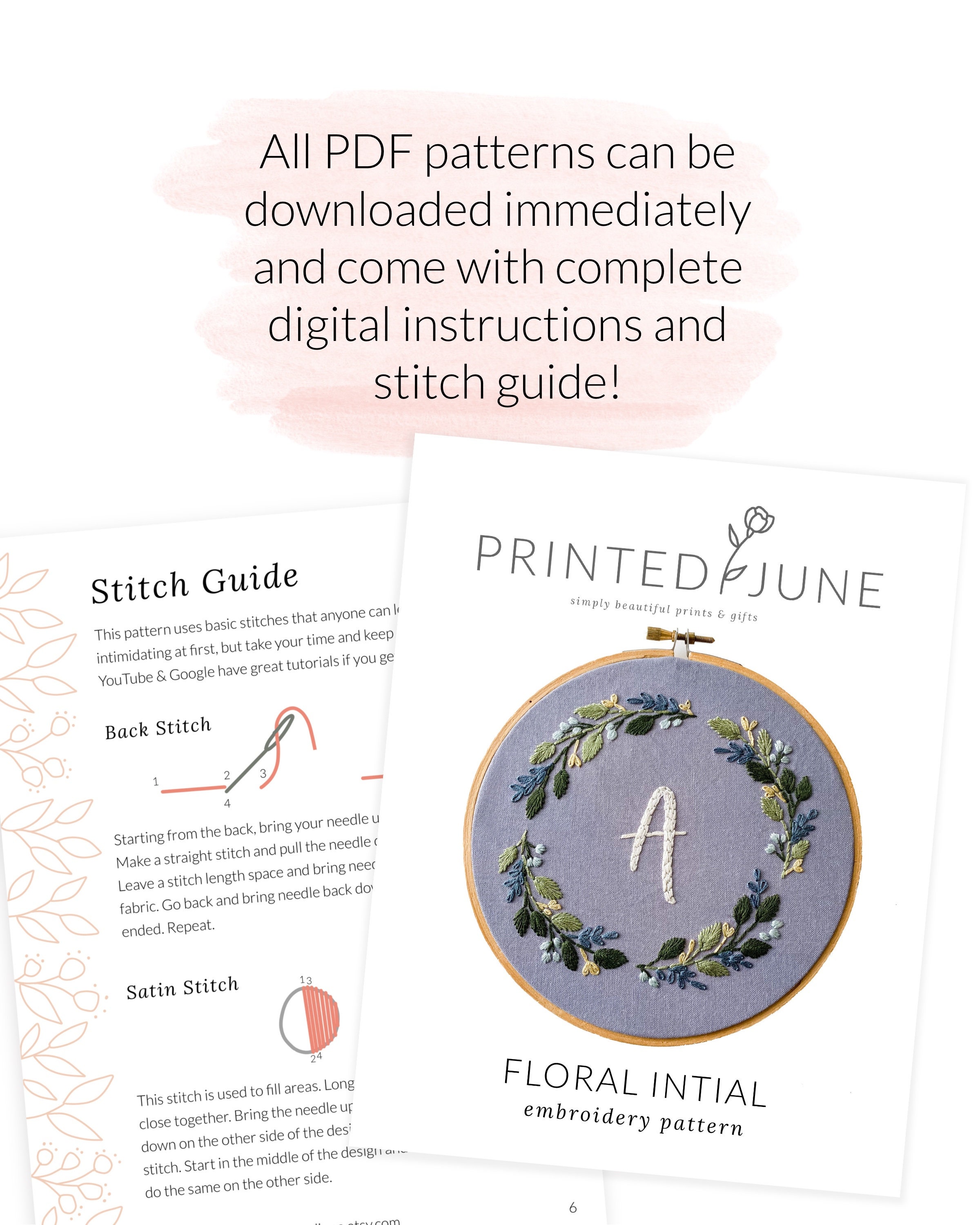 Floral Initial Hand Embroidery Pattern - Digital PDF Pattern, Alphabet ...