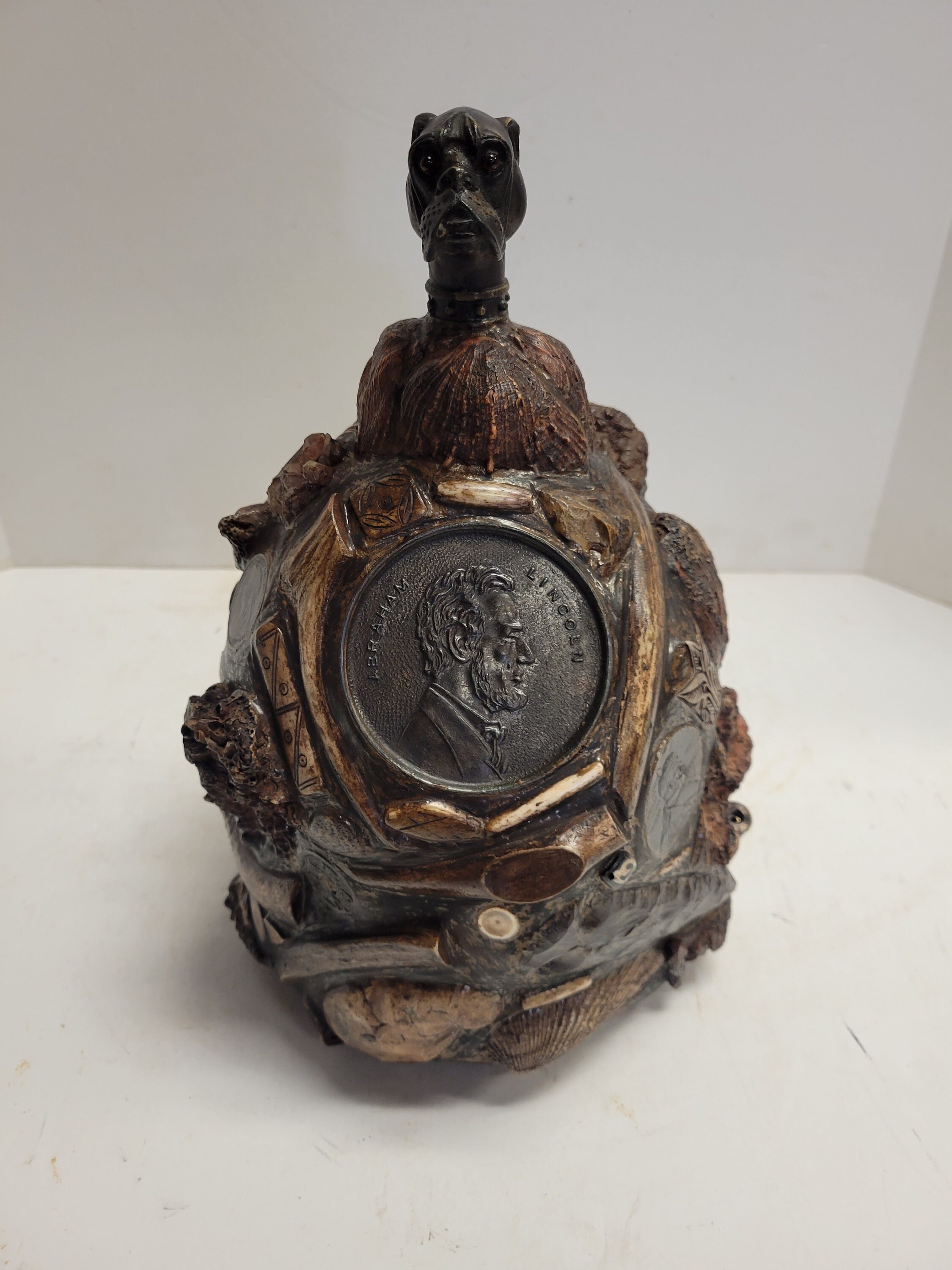 Folk Art Memory Jug With Bronze Boxer Dog Head and Antique Brass ...