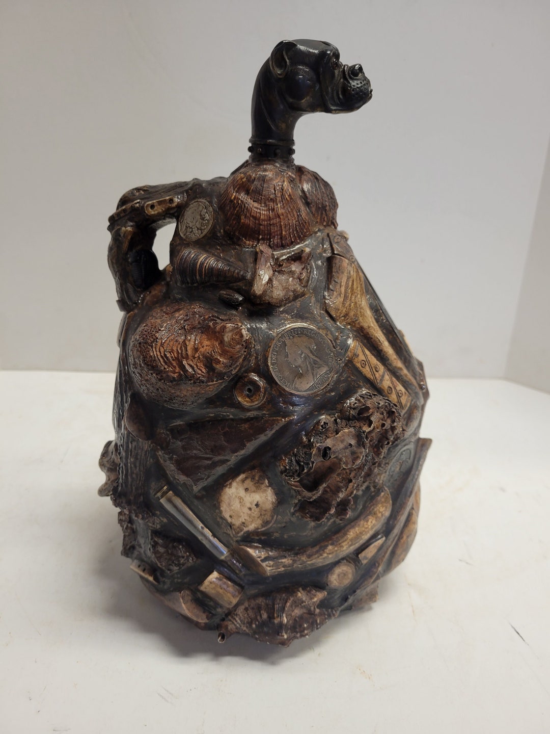 Folk Art Memory Jug With Bronze Boxer Dog Head and Antique Brass ...
