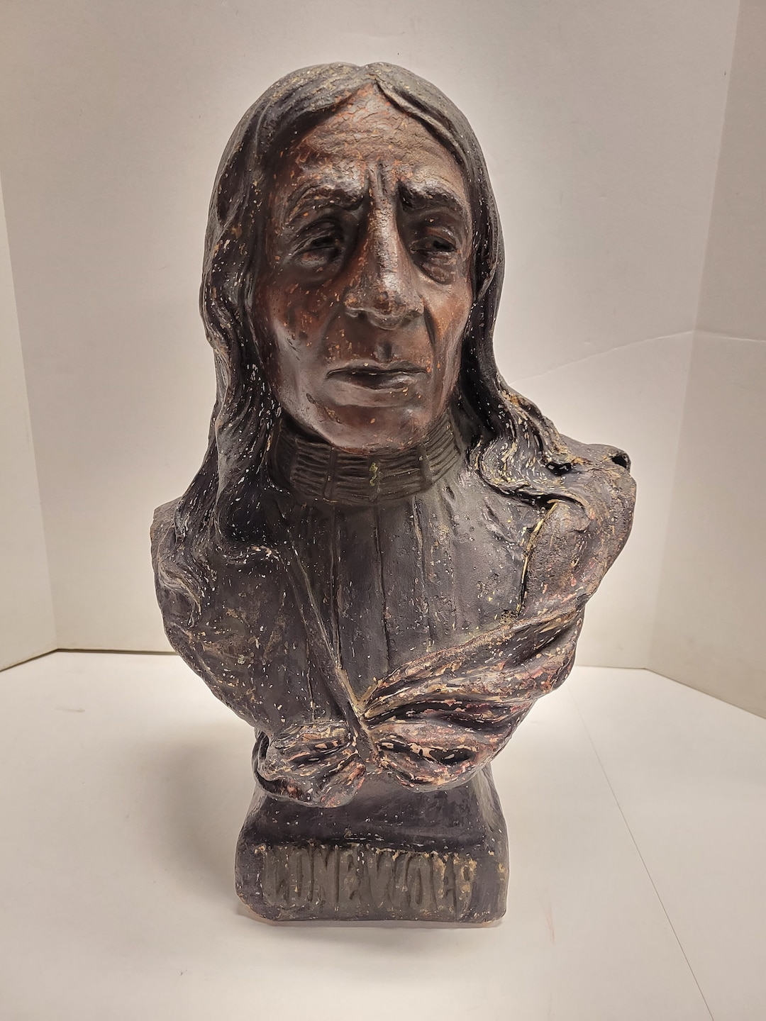 Antique Plaster Native American Indian Bust, LONE WOLF Signed A ...