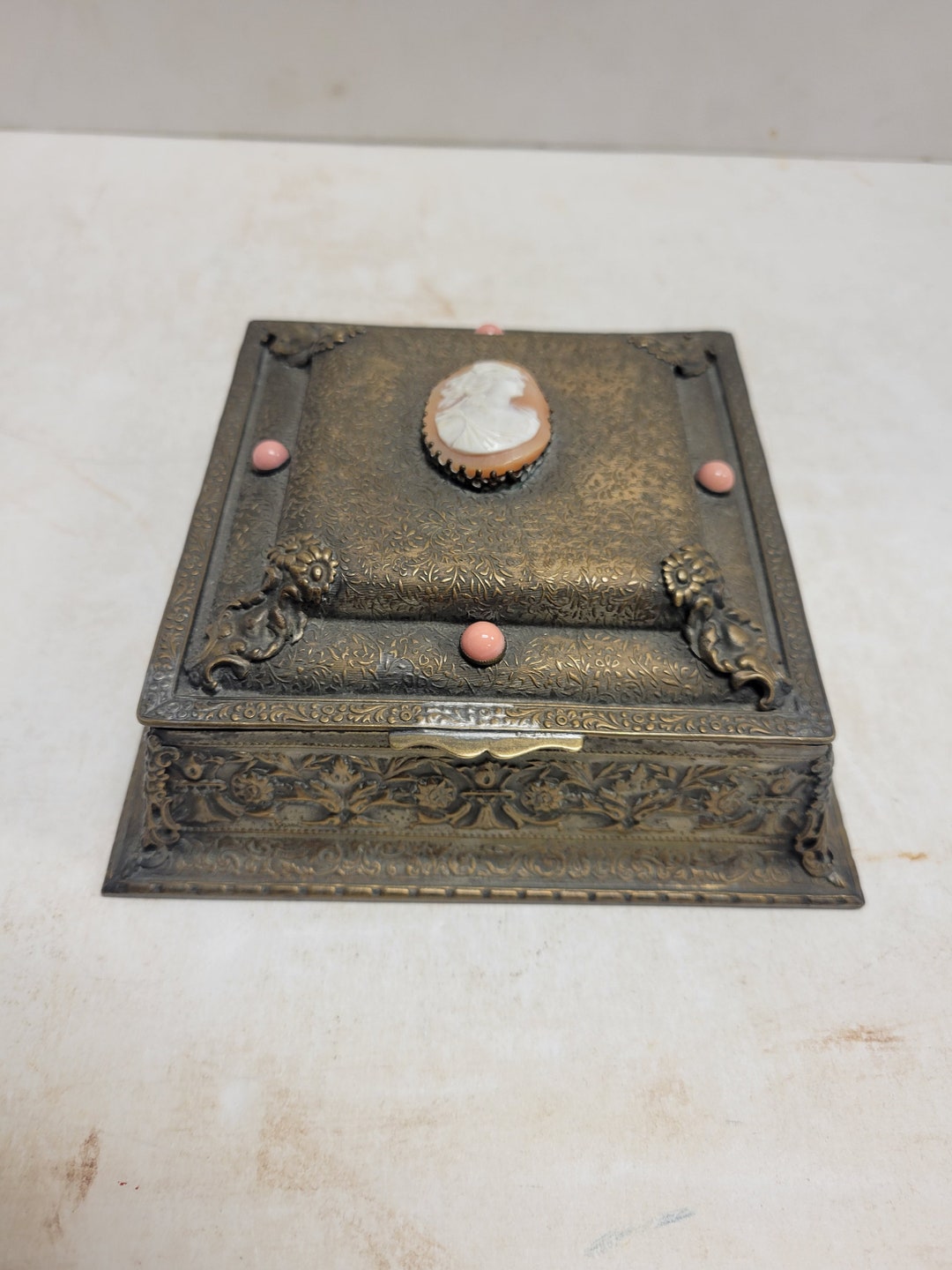 1924, Antique Jewelry / Trinket, Filigree Box With Cameo and Jewels ...