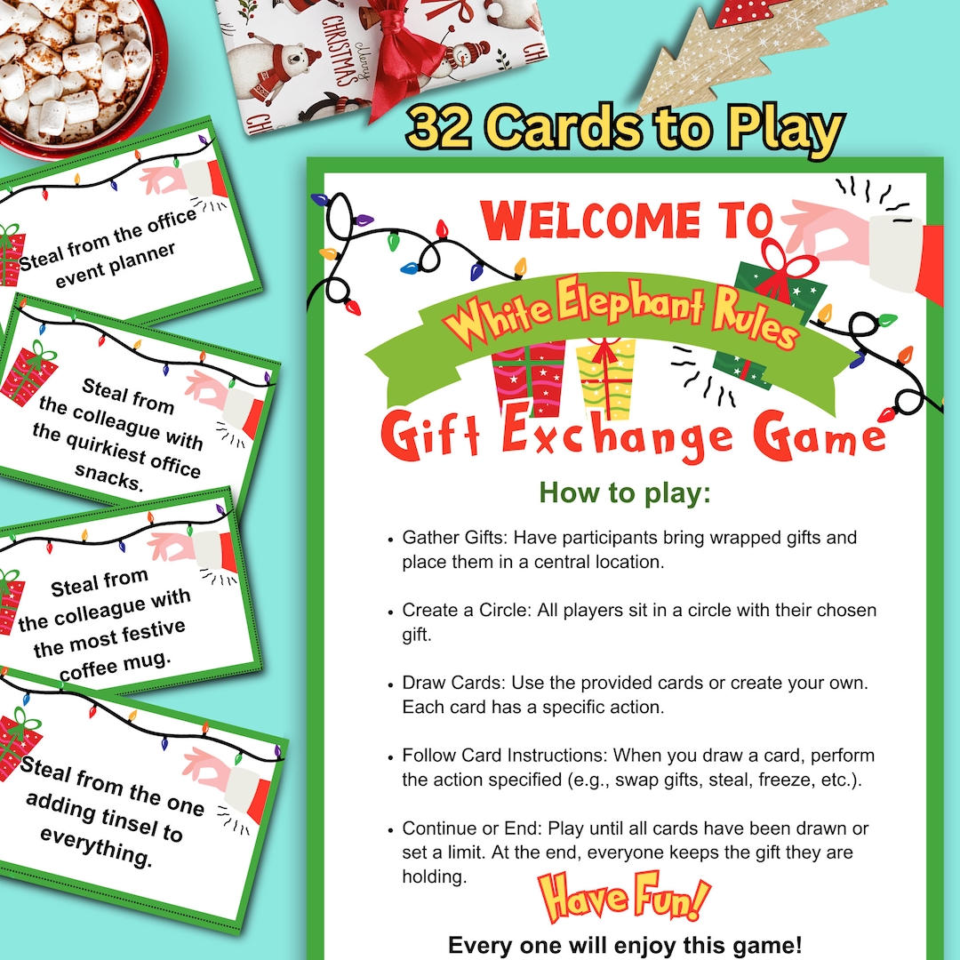 White Elephant Gift Game, Gift Exchange Game Rules & Cards, Pass the ...