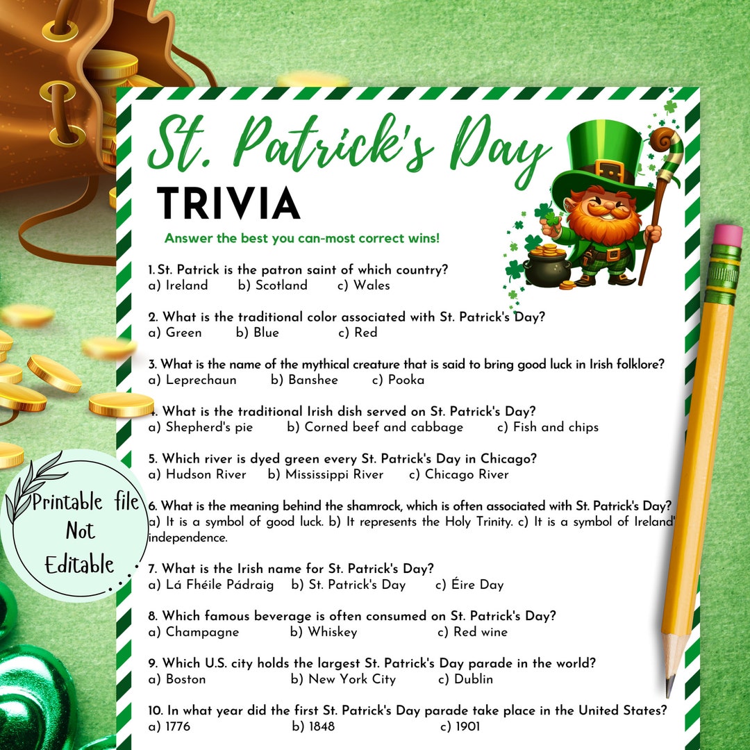St Patrick's Day Trivia Game, Kids Classroom Game, Adults Office Party ...
