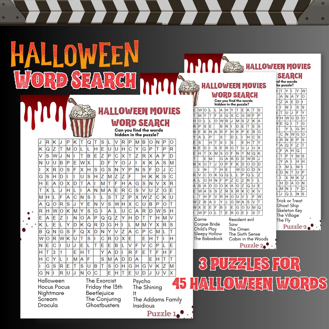 Halloween Word Search for Adult, Horror Movie Word Searches & Answer ...
