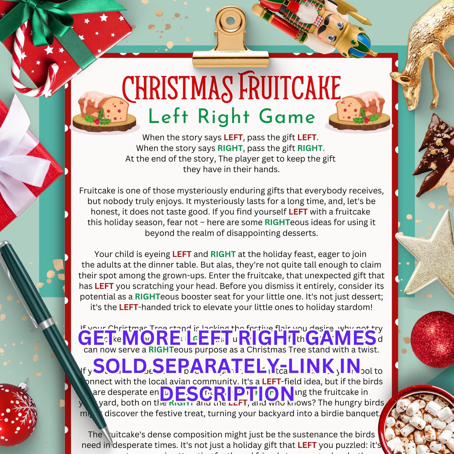 Left Right Christmas Game, Funny Fruitcake Christmas Story, Pass the ...