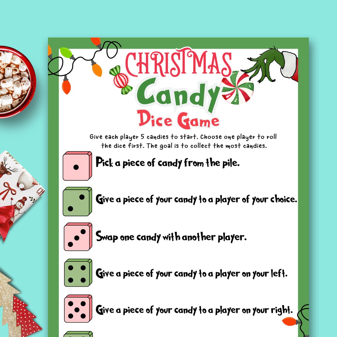Christmas Candy Dice Game, Printable Christmas Games Group Kids, Family ...