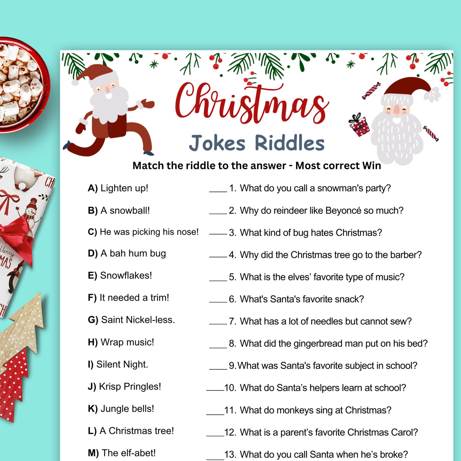 Christmas Riddles Game, Kids Holiday Party Games, Xmas Riddles With ...