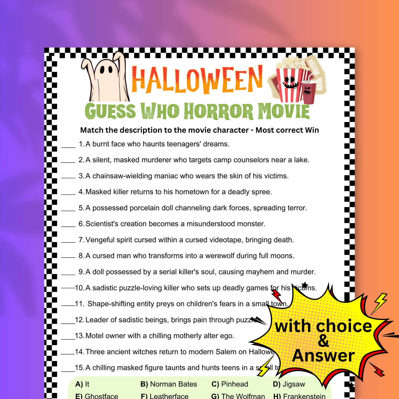 Halloween Horror Movie Trivia Game, Halloween Games Printable, Horror ...