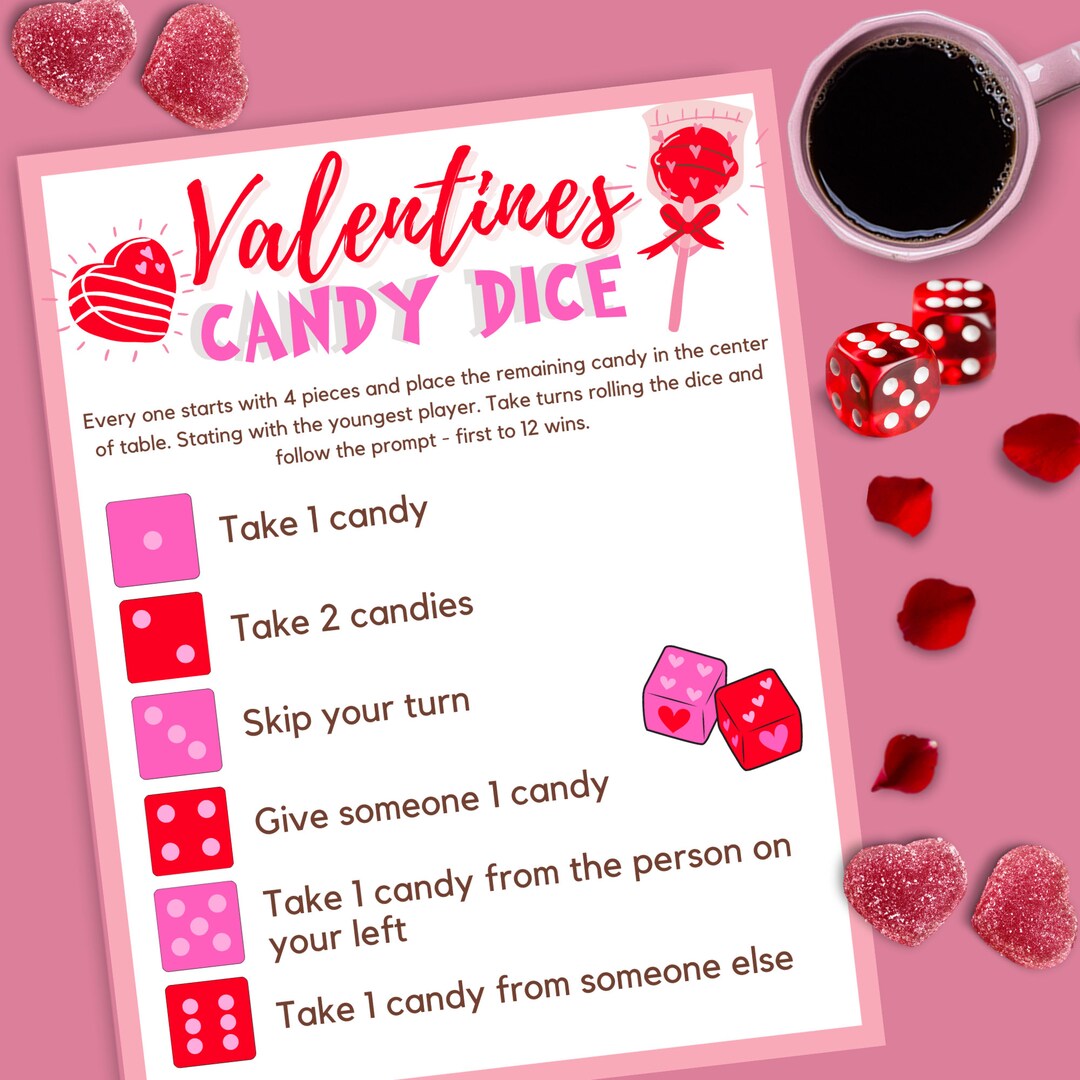 Valentine's Day Candy Dice Game, Kids Valentines Games, Classroom Party ...