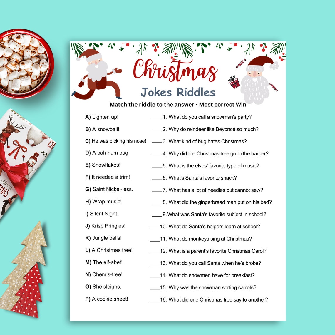 Christmas Riddles Game, Kids Holiday Party Games, Xmas Riddles With ...