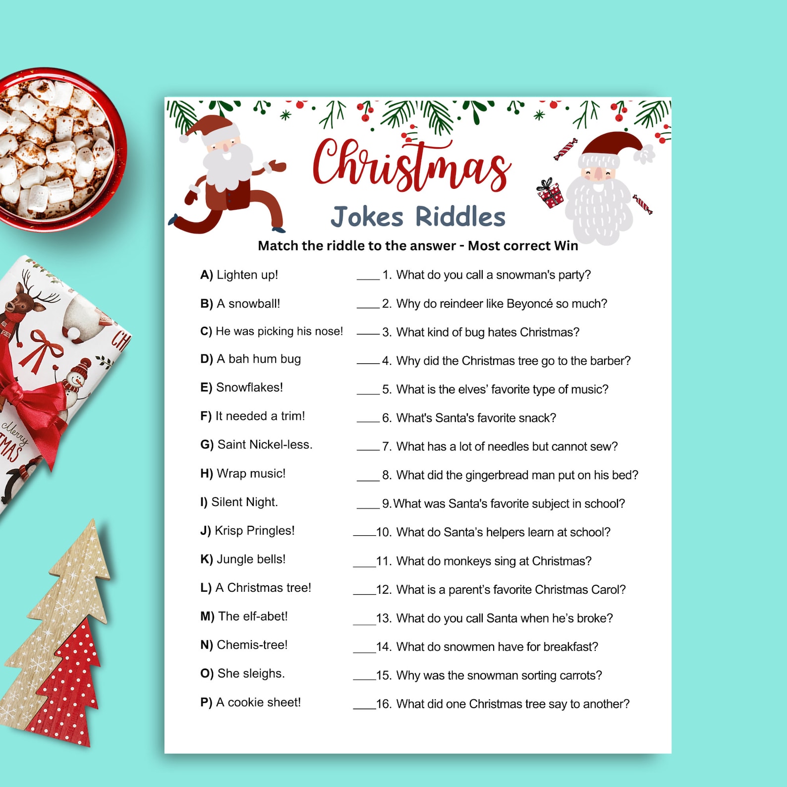 Christmas Riddles Game, Kids Holiday Party Games, Xmas Riddles With ...