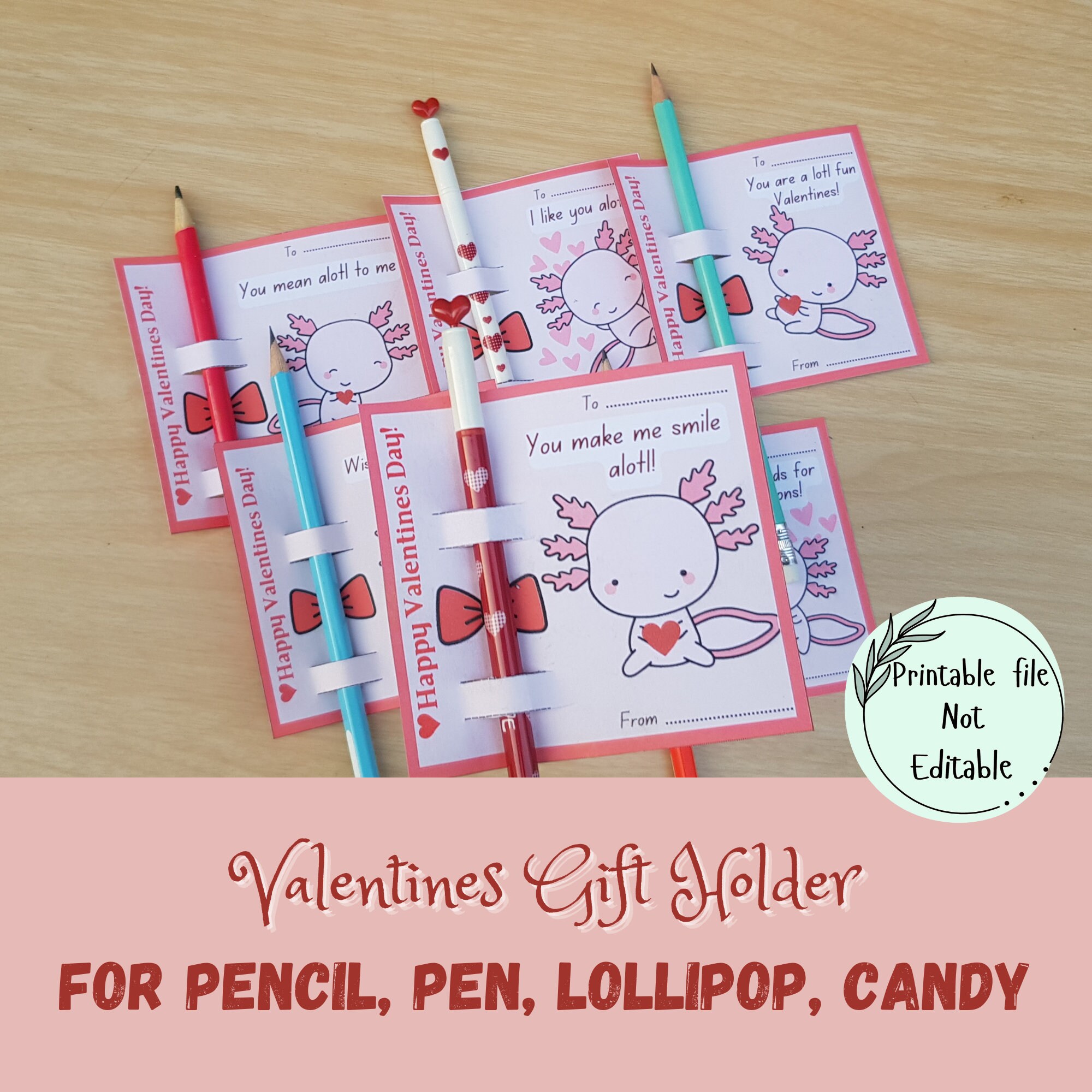 Axolotl Valentines Exchange Cards, Pencil Valentines Cards, Printable ...