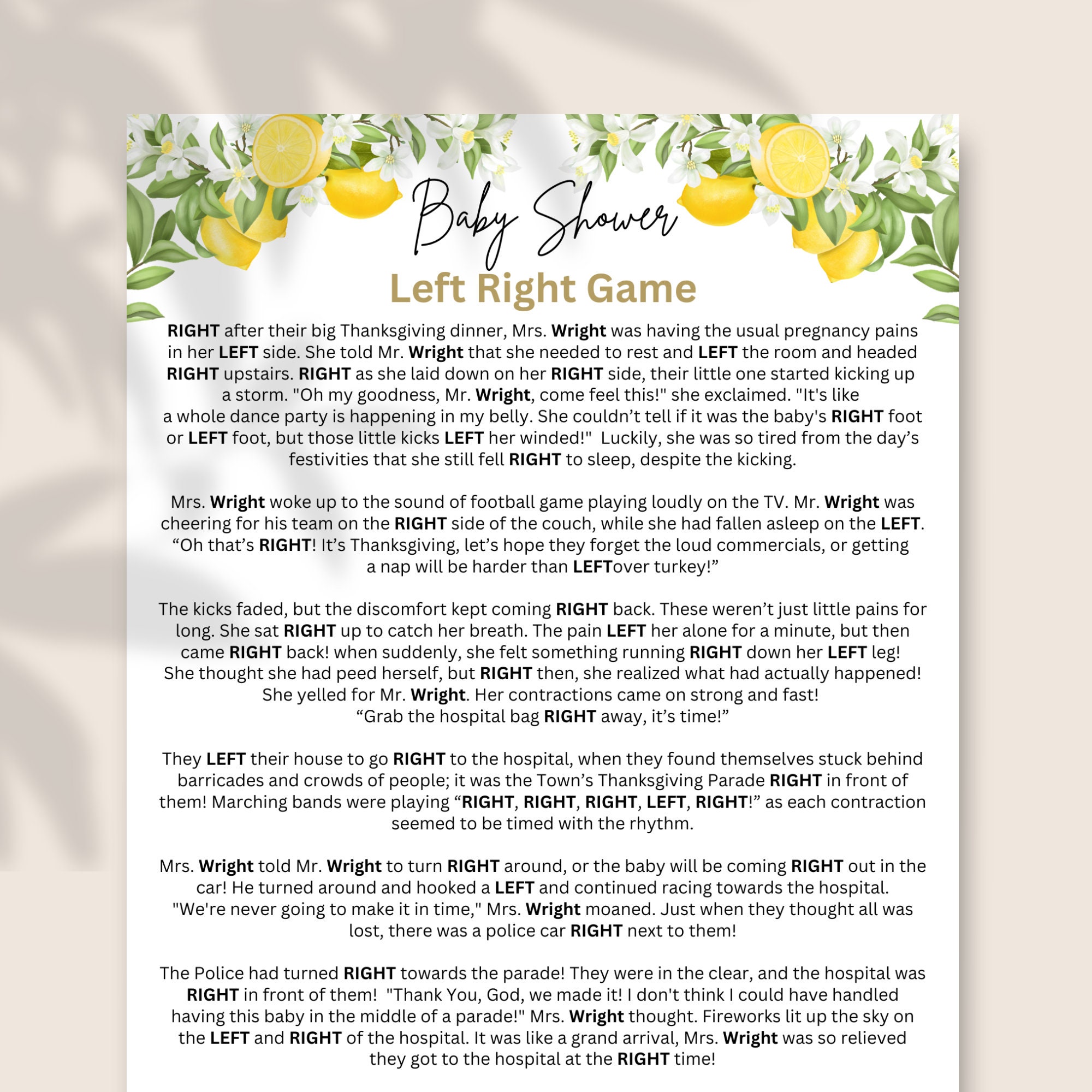 Left Right Baby Shower Games, Lemon Baby Shower, Pass the Prize, Summer ...