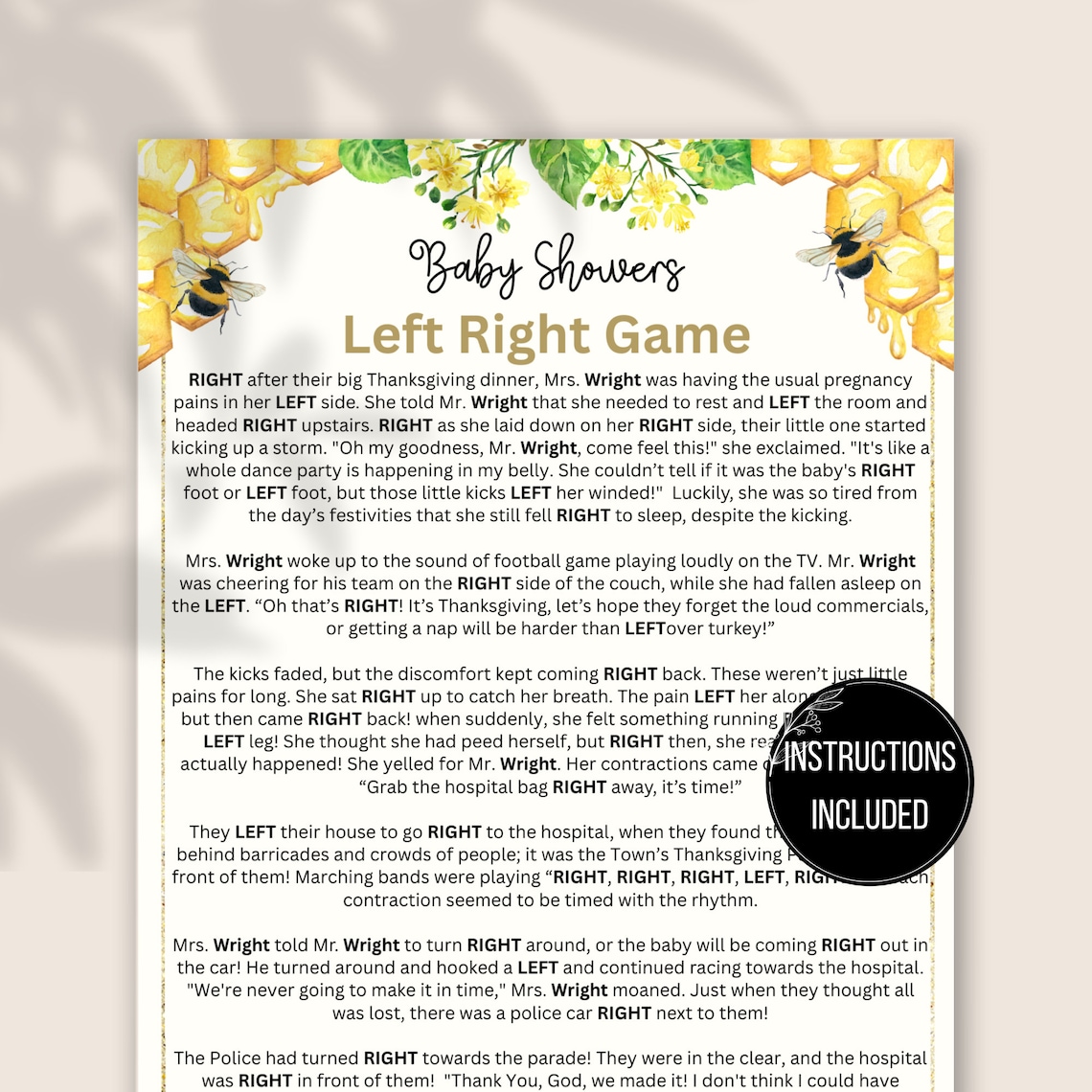 Bee Baby Shower Game: Left Right Story, Pass the Prize (printable ...