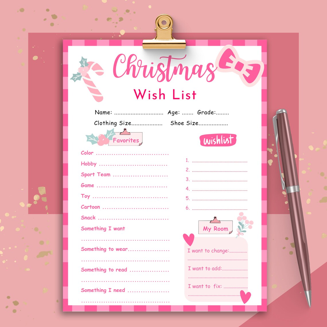 Christmas Wish List Printable, Kids Christmas List Template, Girls Xmas ...