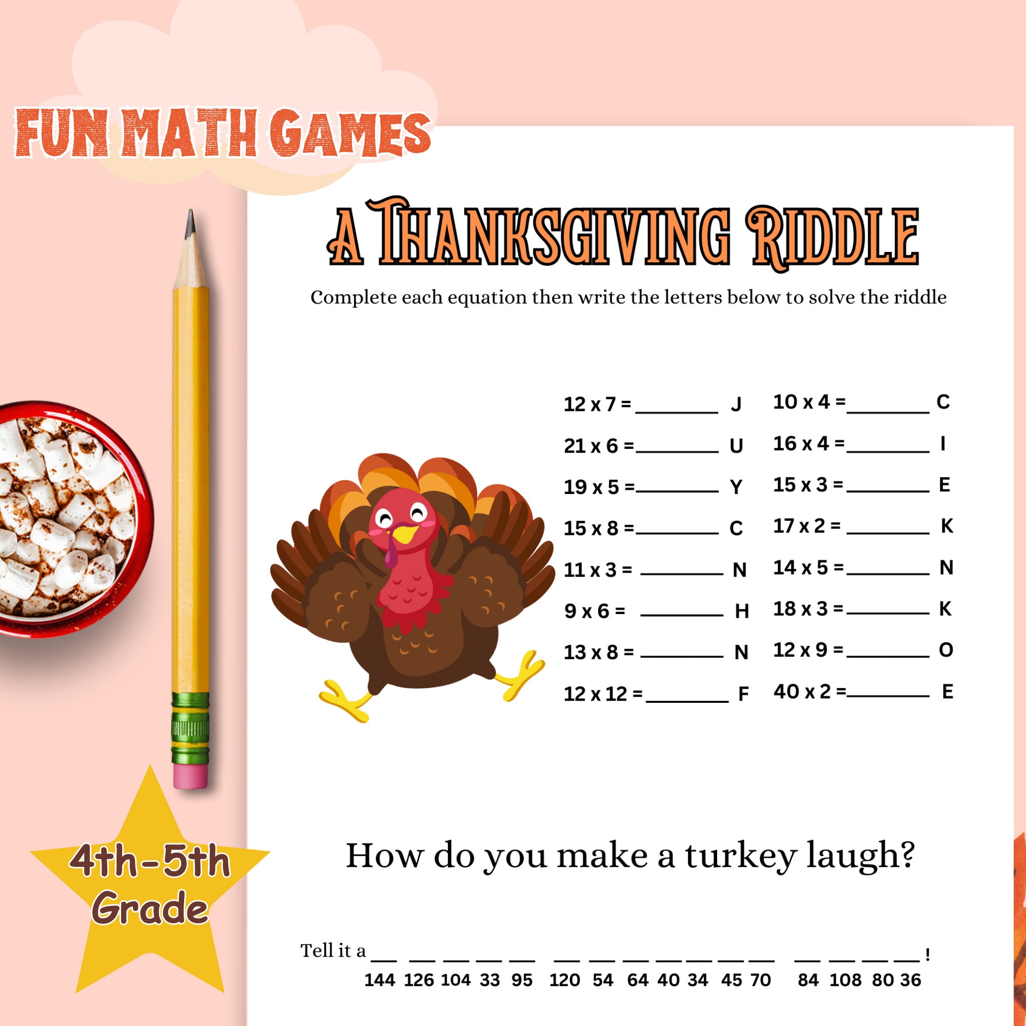 Thanksgiving Math Activity Sheet, Math Riddles for 4th-5th Graders, Fun ...
