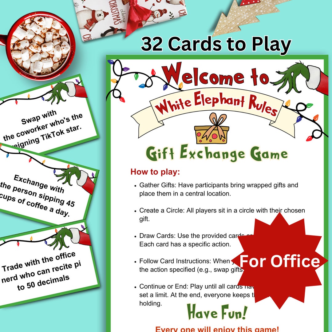 White Elephant Gift Game, Gift Exchange Game Rules & Cards, Pass the ...