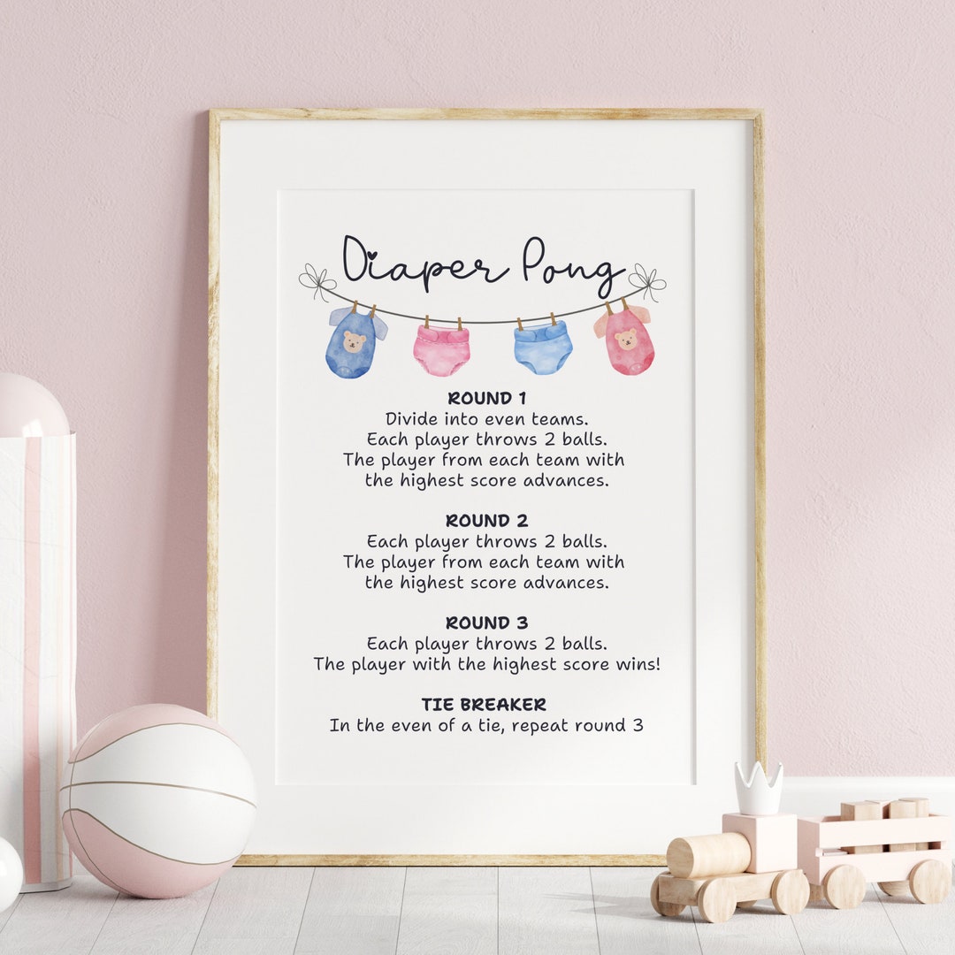 Diaper Pong Baby Shower Game, Minimalist Diaper Pong Rules Printable ...