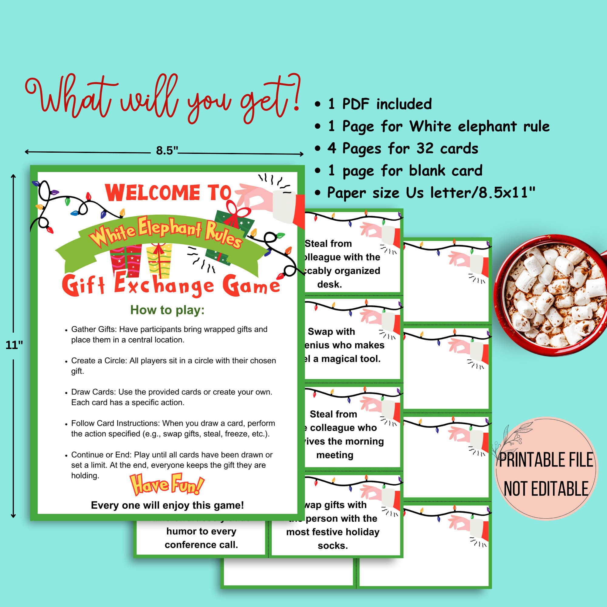 White Elephant Gift Game, Gift Exchange Game Rules & Cards, Pass the ...