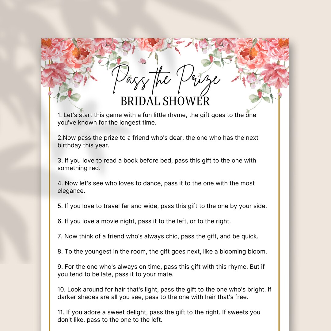 Pass the Prizes, Bridal Shower Game, Pink Bridal Shower, Floral Wedding ...