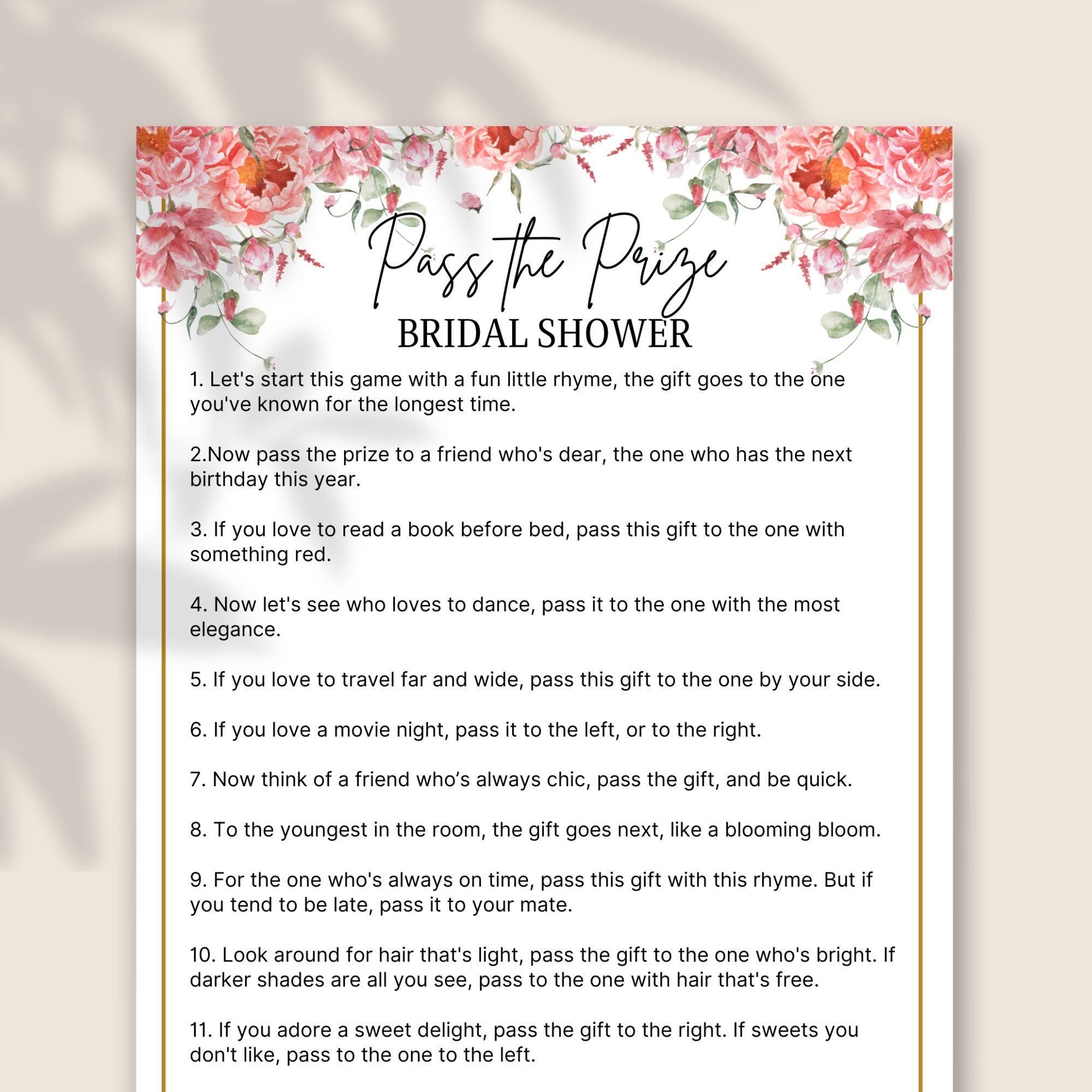 Pass the Prizes, Bridal Shower Game, Pink Bridal Shower, Floral Wedding ...