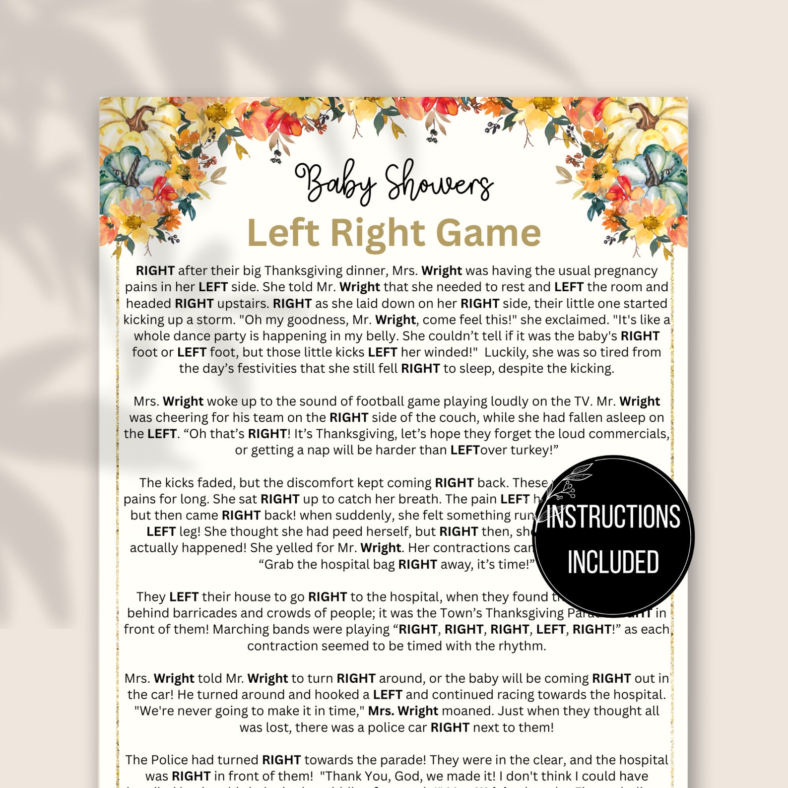 Left Right Baby Shower Games, Floral & Pumpkin Baby Shower, Pass the ...