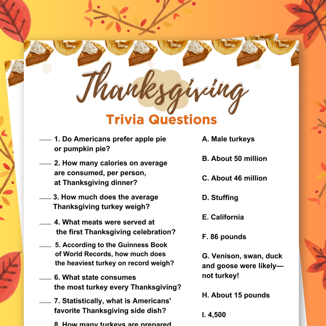 Thanksgiving Trivia Game, Thanksgiving Trivia Questions, Printable ...