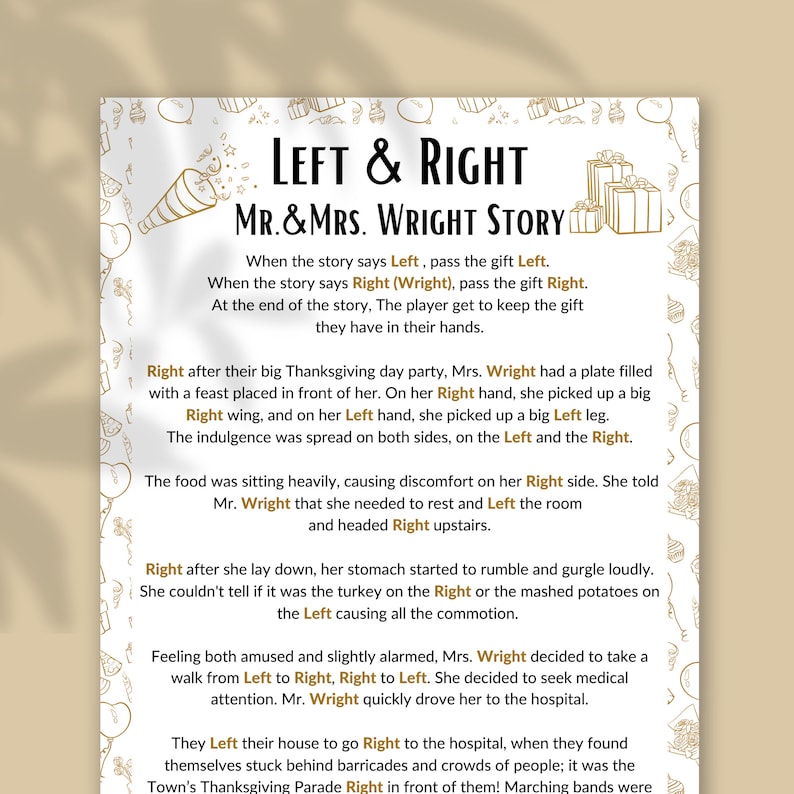 Left Right Game Office, Funny Story Left Right Game Any Occasion ...