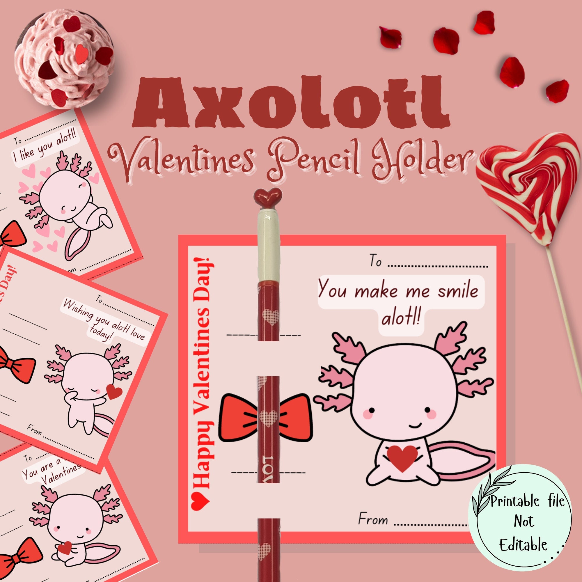 Axolotl Valentines Exchange Cards, Pencil Valentines Cards, Printable ...